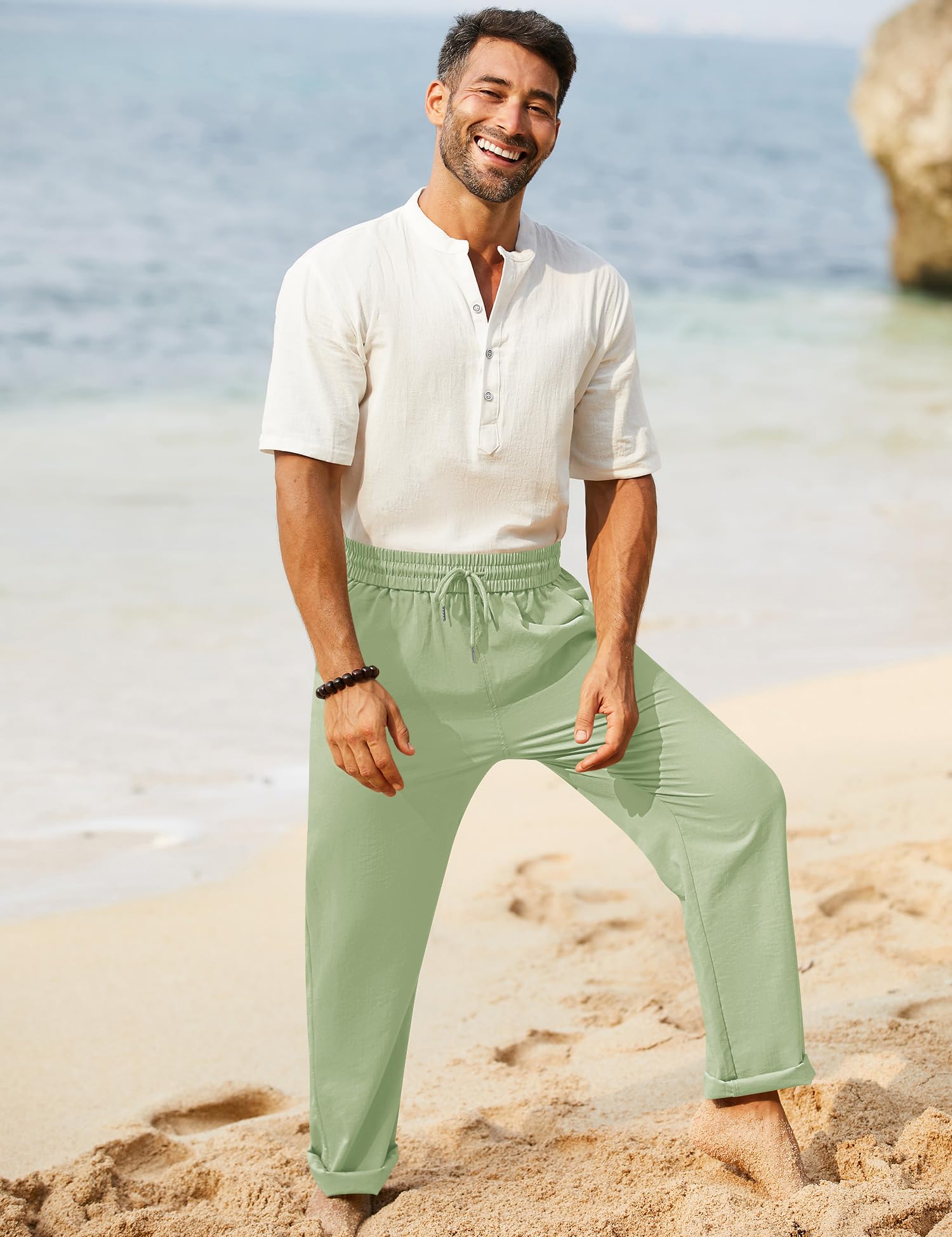 iWoo Mens Lounge Pants Lightweight Baggy Linen Pants Elastic Waistband 2XL Green