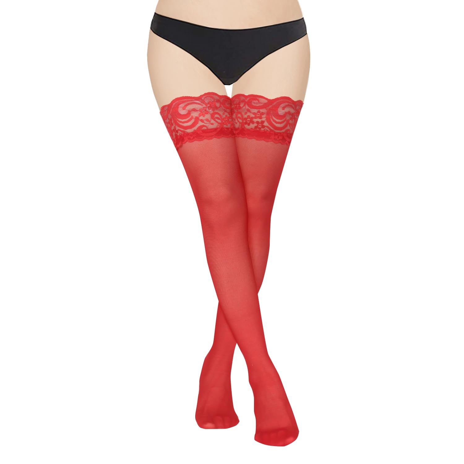 Benefeet Sox Womens Red Lace Top Thigh High Stockings with Silicone Non-slip Silky 20 Denier Sexy Nylon Lingerie Mesh Sheer Silk Stay Up Hosiery