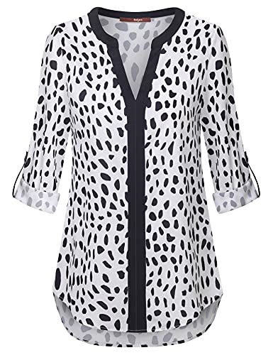 Gaharu Long Sleeve Blouses Women's Fall Tunic Tops Home Wear Henley V Neck Cuffed Sleeve Contrast Color Leopard Shirts for Jeans White Leopard,XX-Large