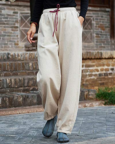 Safeeye Women's Loose Linen Pants Casual Wide Leg Drawstring Striaght Fit Trousers Beige XXL