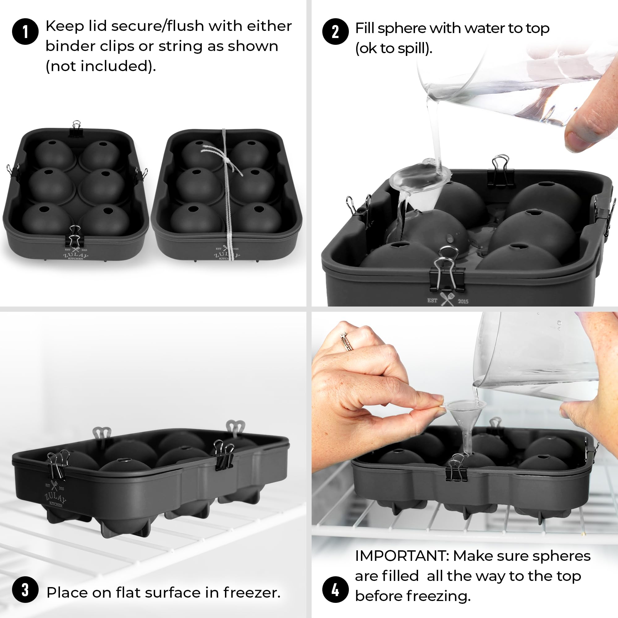 Zulay Kitchen Silicone Ice Cube Trays Set of 2 - Large Square Ice Cube Molds and Sphere Ice Ball Maker with Lid - Reusable Ice Mold For Whiskey, Cocktails, Bourbon (Black)