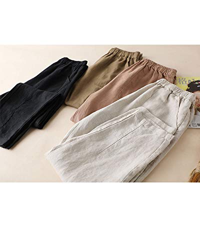 IXIMO Women's 100% Linen Capris Elastic Waist Tapered Cropped Pants with Pockets Beige S