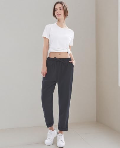 Lisskolo Women's Drawstring Linen Pants Women Cotton Elastic Waist Wide Leg Cropped Pant X-Large Black