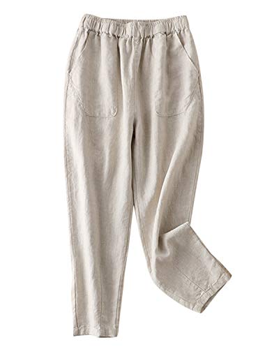 IXIMO Women's 100% Linen Capris Elastic Waist Tapered Cropped Pants with Pockets Beige S