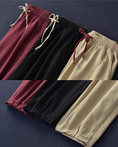 Safeeye Women's Loose Linen Pants Casual Wide Leg Drawstring Striaght Fit Trousers Beige XXL