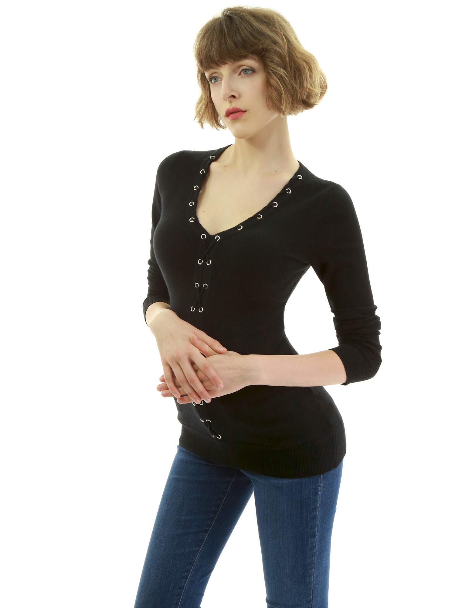 AmélieBoutik Women V Neck Eyelet Trim Long Sleeve Sweater (Black Medium)