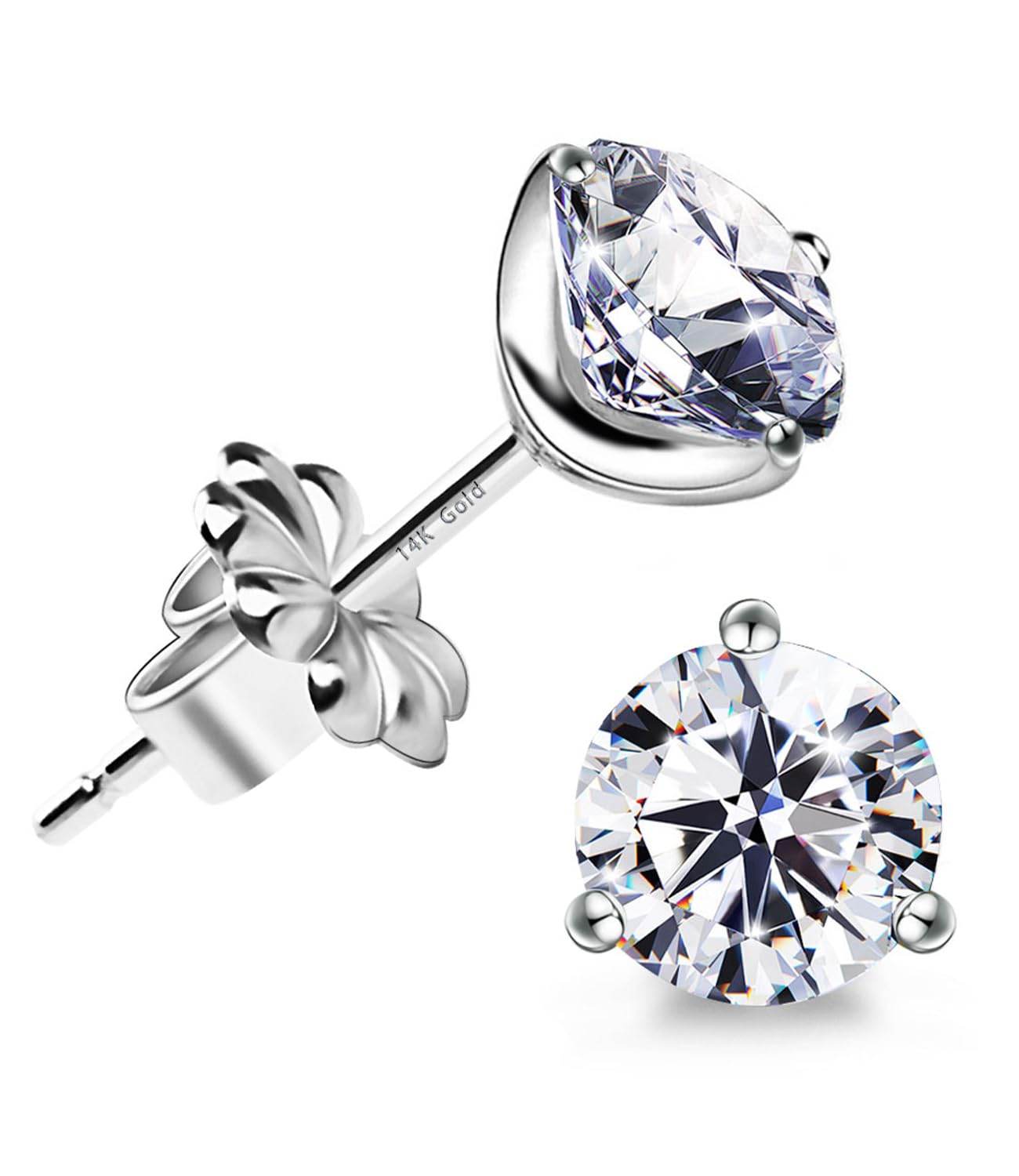 "STUNNING FLAME" 14K Gold Post & Sterling Silver Round Cut Cubic-Zirconia Stud Earrings | Hypoallergenic & Nickle Free Jewelry (white-gold-and-sterling-silver,1.5)