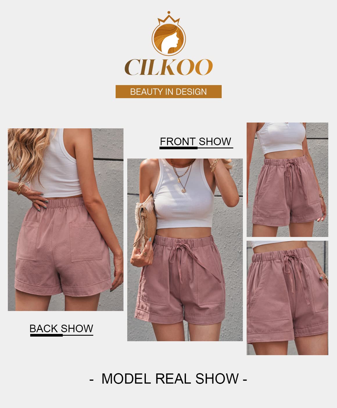 CILKOO Womens Casual Solid Drawstring Solid Elastic Waist Comfy Cotton Linen Shorts Beach Linen Shorts Pants Pockets Pink US8-10 Medium