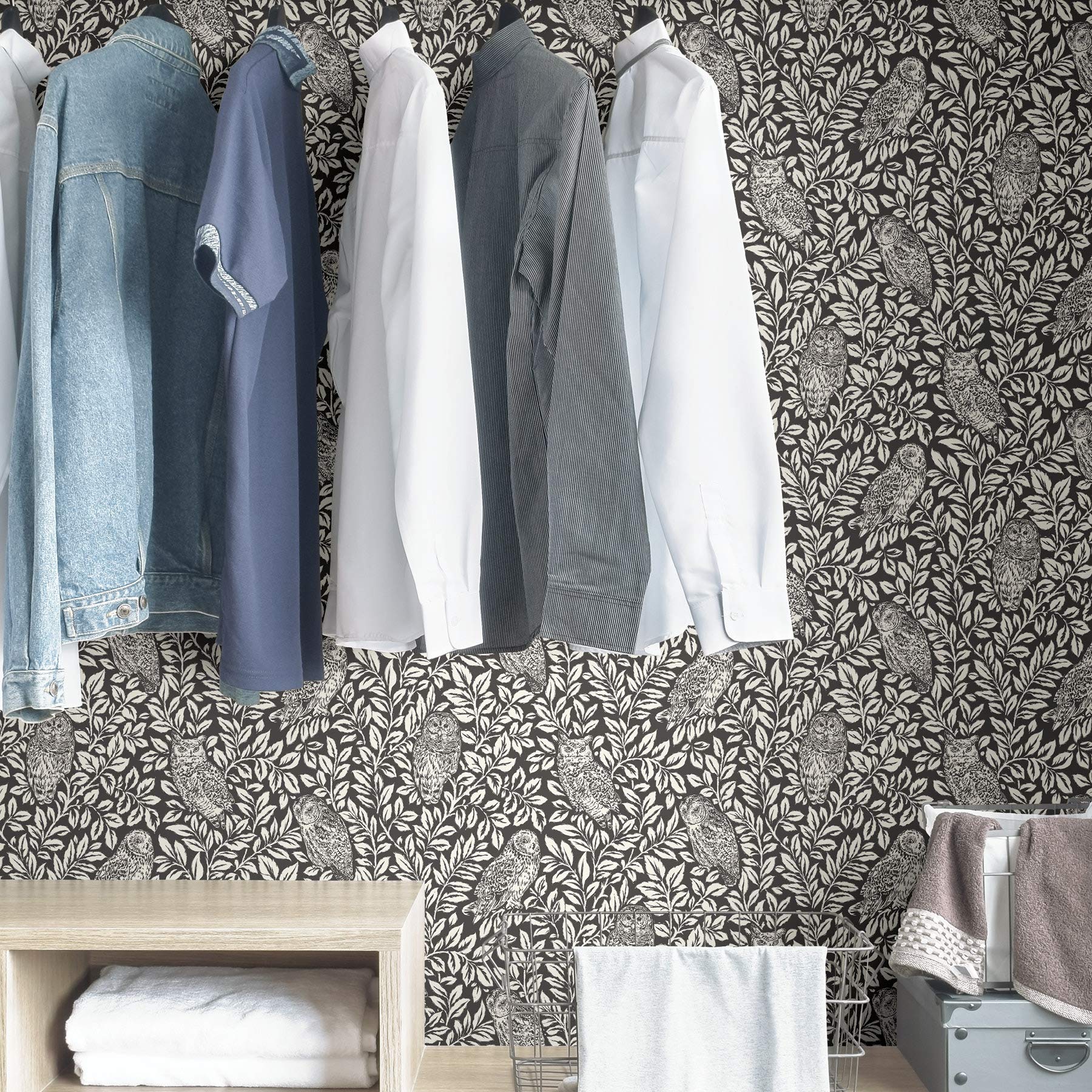 NuWallpaper NUS3625 Sleepy Owls Peel & Stick Wallpaper, Charcoal
