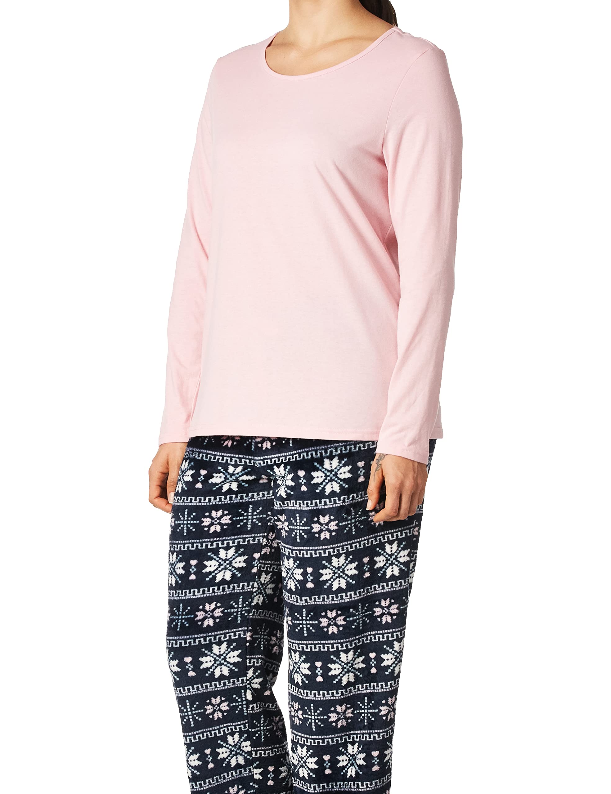 Fruit of the Loom Women's Sueded Jersey Crew Top and Fleece Pant Sleep Set, Soft Pink/Fairisle, Large