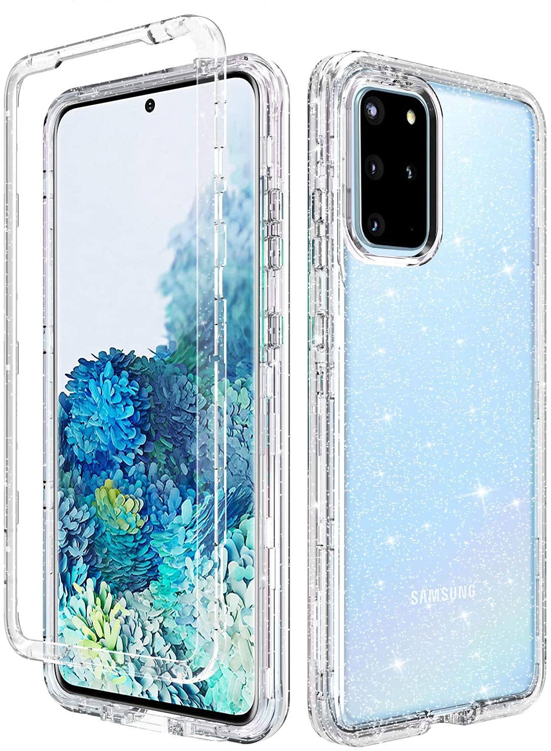 GUAGUA Galaxy S20 Plus Case Samsung S20 Plus Case Glitter Bling Crystal Clear 3 in 1 Hybrid Hard PC Soft TPU Bumper Cover Shockproof Protective Case for Samsung Galaxy S20 Plus 6.7-inch Transparent