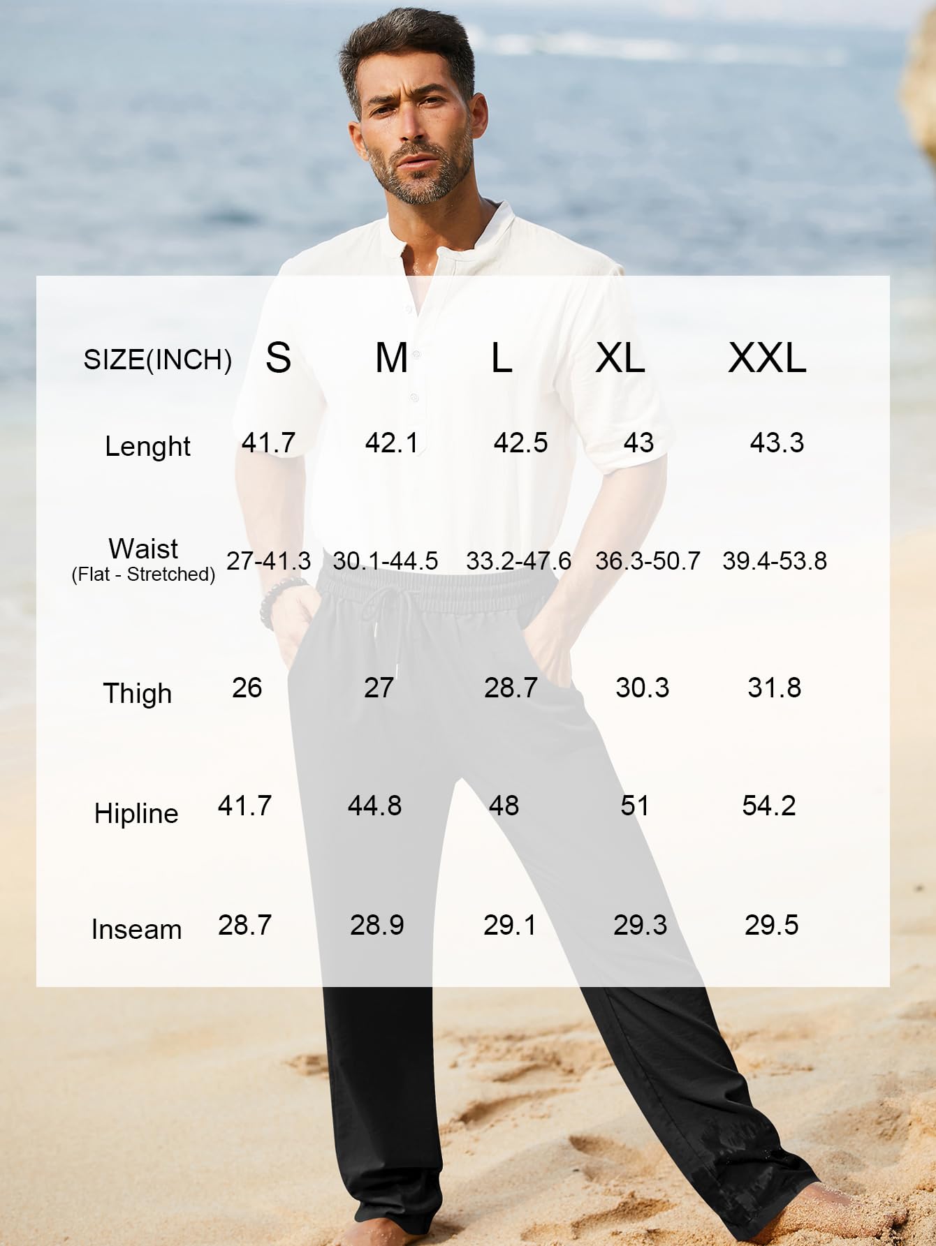 iWoo Mens Elastic Waist Drawstring Pants Summer Beach Pants Linen Yoga Pants Black XL