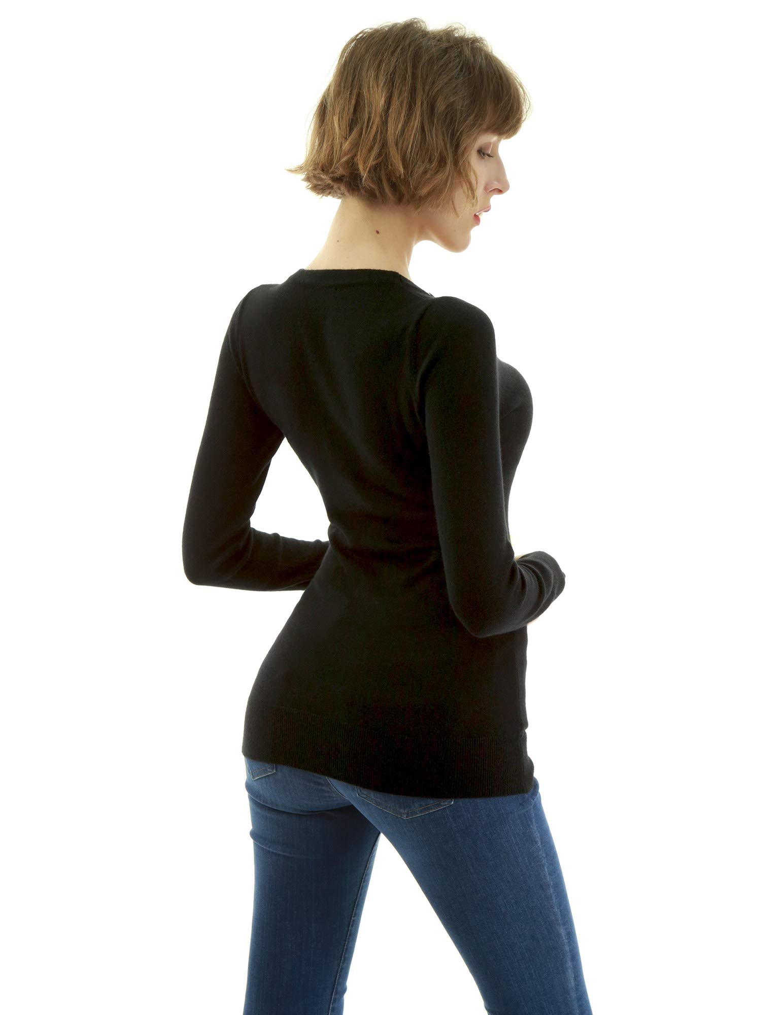 AmélieBoutik Women V Neck Eyelet Trim Long Sleeve Sweater (Black Medium)