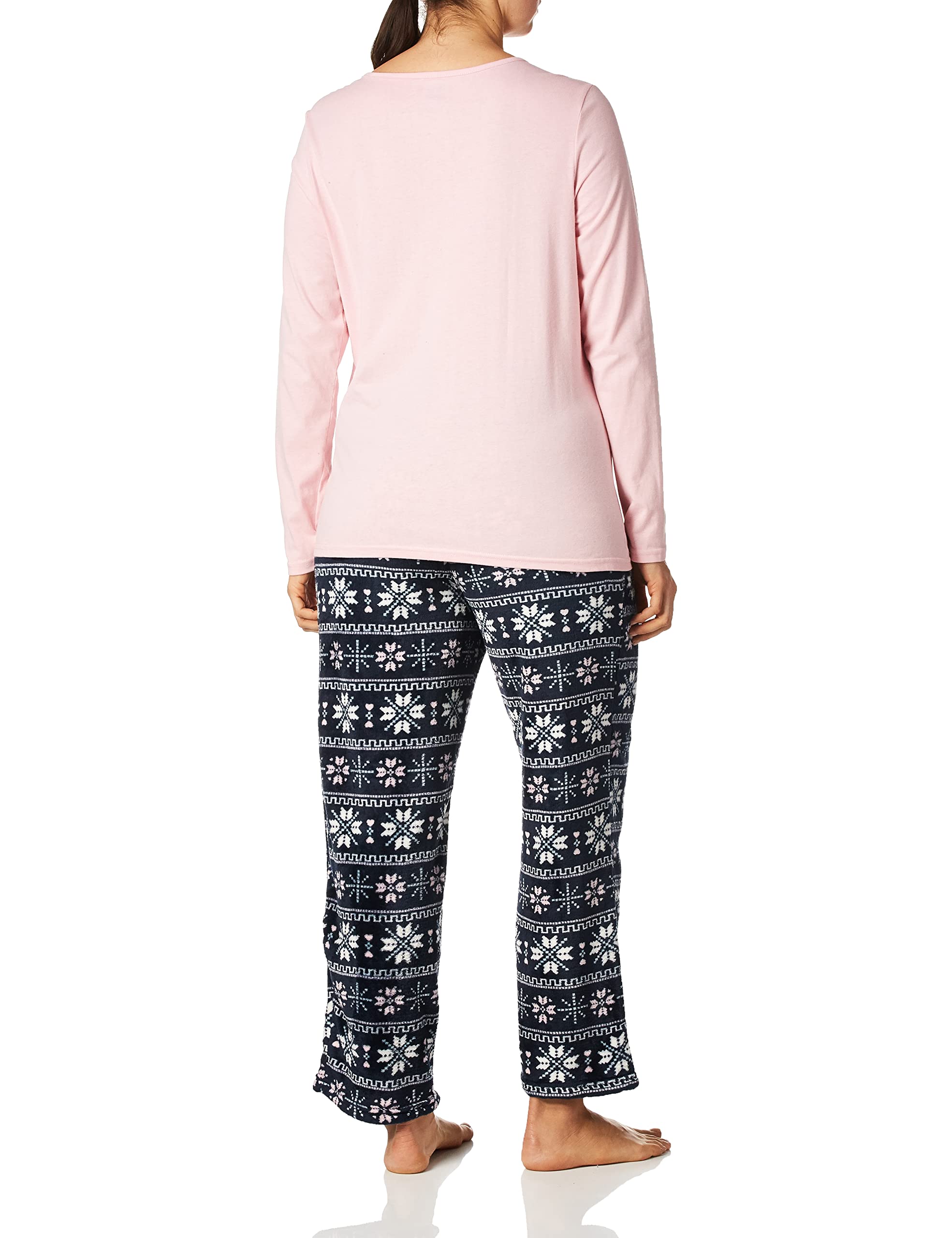 Fruit of the Loom Women's Sueded Jersey Crew Top and Fleece Pant Sleep Set, Soft Pink/Fairisle, Large