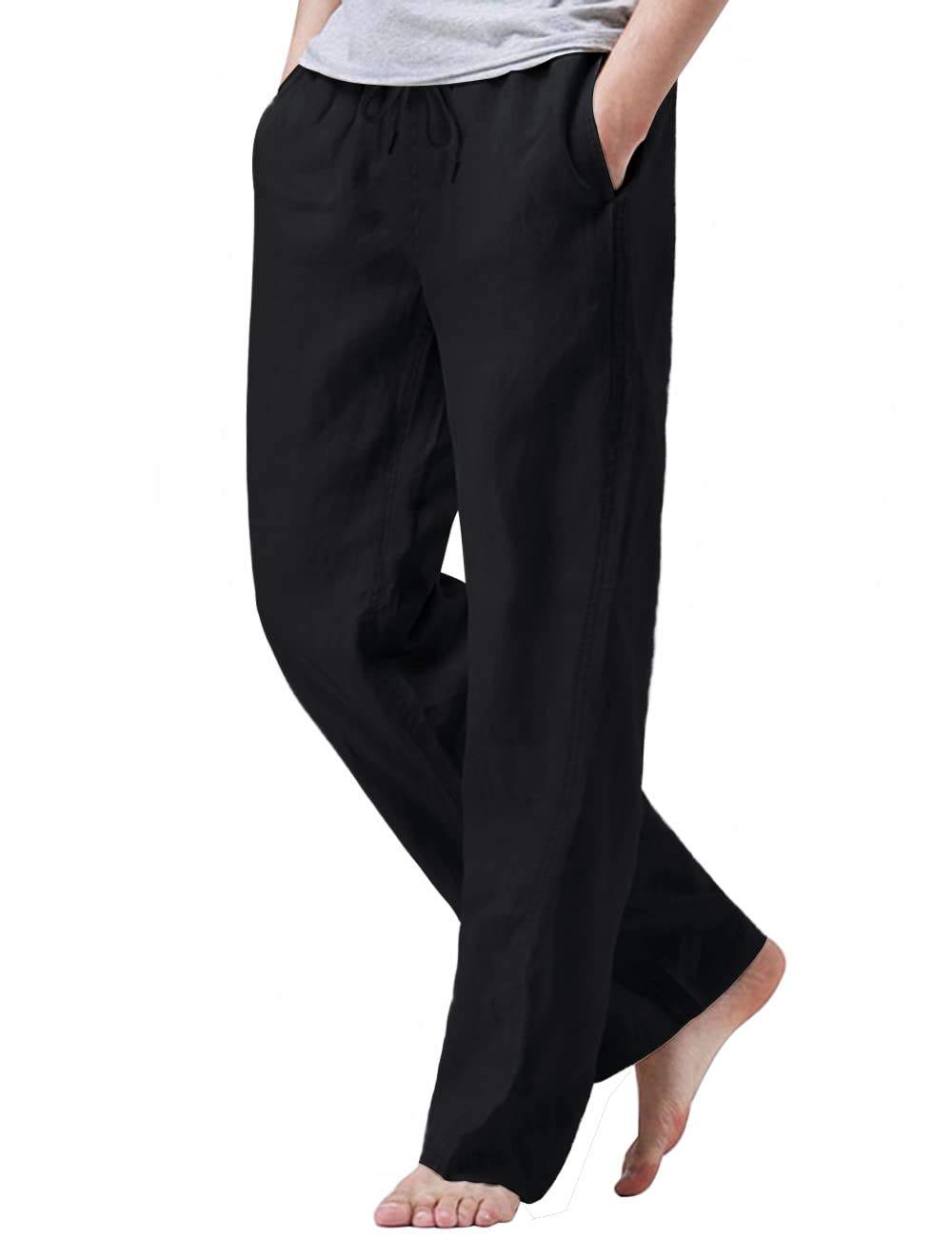 iWoo Mens Elastic Waist Drawstring Pants Summer Beach Pants Linen Yoga Pants Black XL