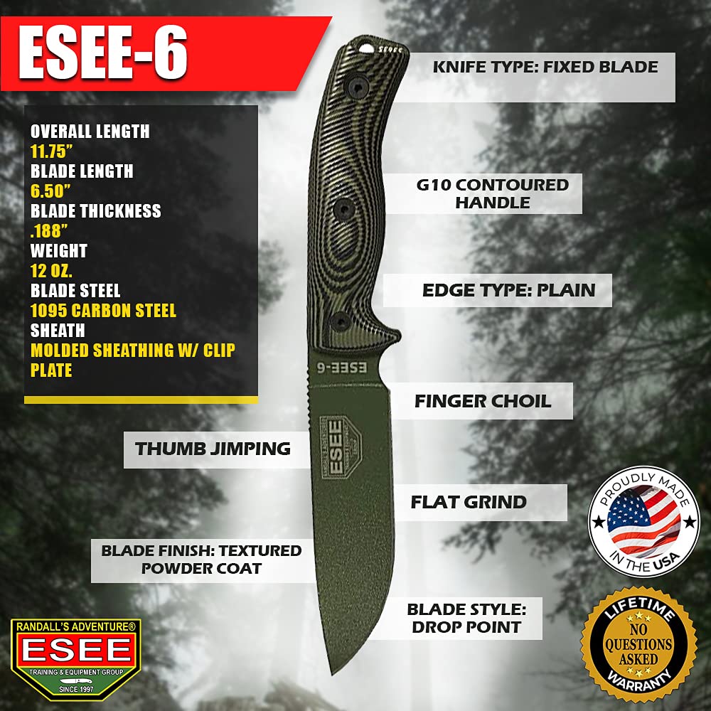 ESEE-6 1095 Carbon Steel, Black Sheath (OD Green Blade, OD Green/Black G10 3D Handle)
