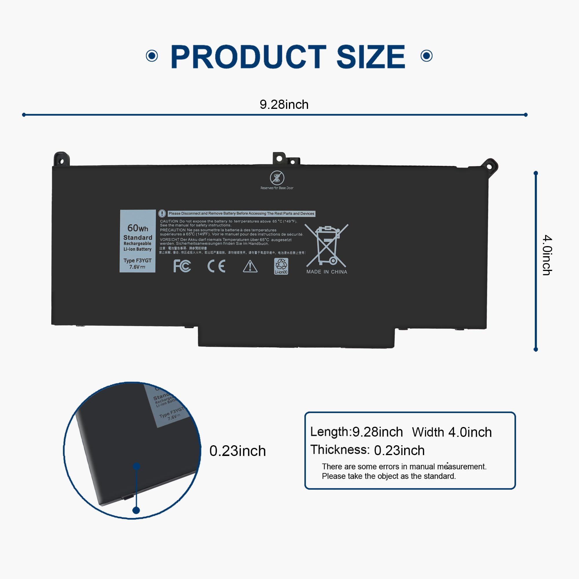 60Wh F3YGT Laptop Battery Replacement for Dell Latitude 7480 7280 7490 E7480 E7280 E7490 7380 7390 7290 E7390 E7290 E7380 12 13 14 7000, DM3WC F3YGT-1 KG7VF 2X39G V4940 451-BBYE 453-BBCF 0DM3WC 0F3YGT