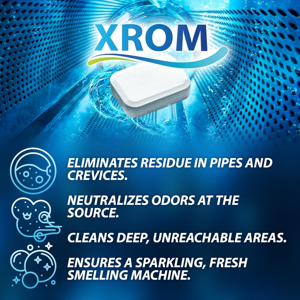 XROM Plant Based, Washer Cleaner 3 in 1 Formula, Removes Odors, Limescale & Detergent Build-Up, Removes Hard Water Stains, For Front and Top Load, 6 Per Pack (Original)