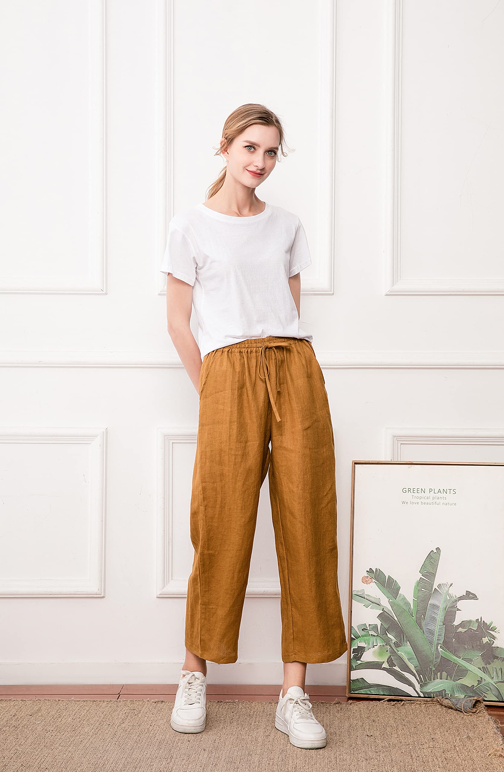 LaovanIn Women's Wide Leg Palazzo Pants Linen Drawstring Cropped Pants Trousers Culottes Coffee Medium