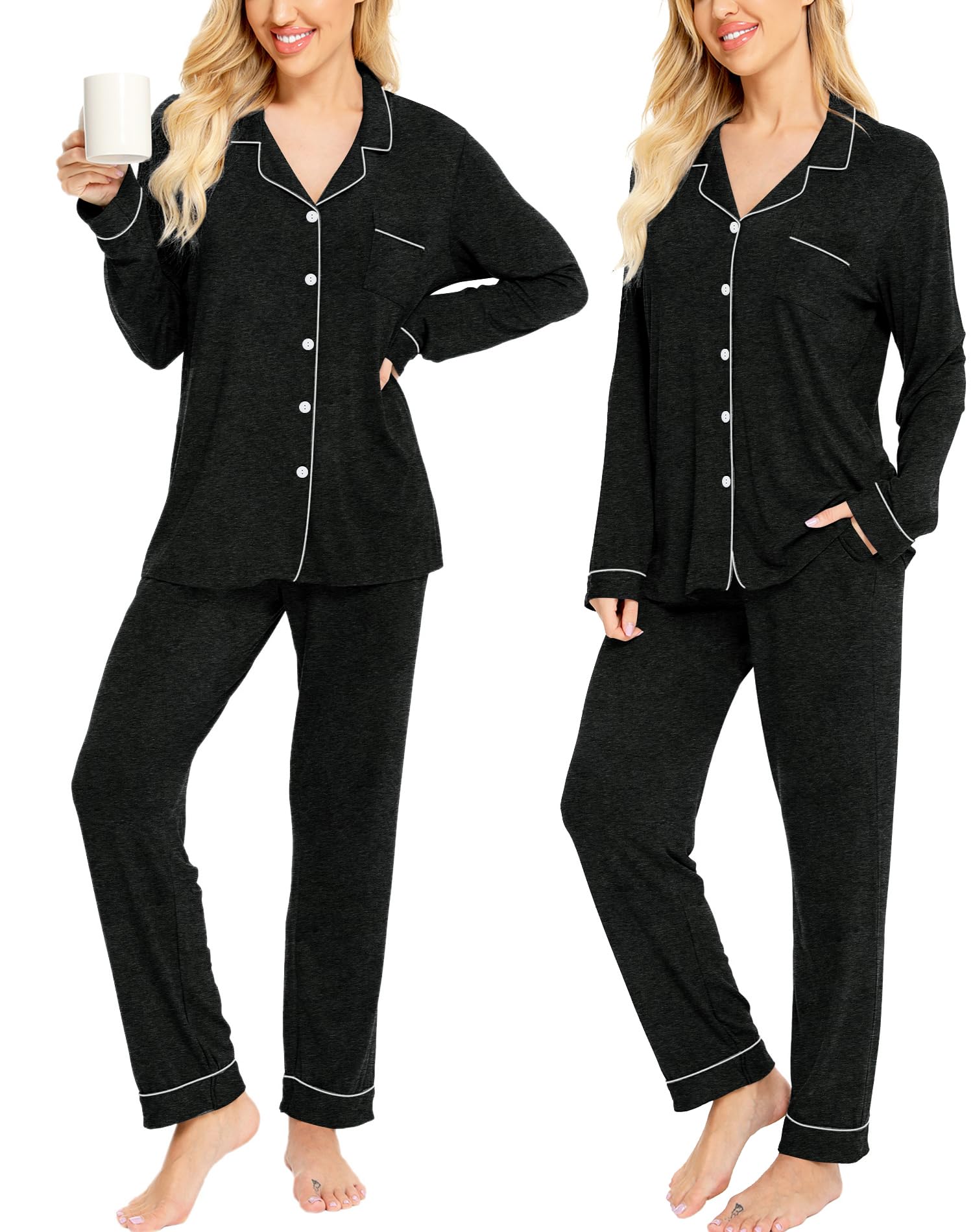 SWOMOG Womens Pajamas Set Long Sleeve Sleepwear Button Down Nightwear Soft Cotton Pj Lounge Sets with Pockets Black