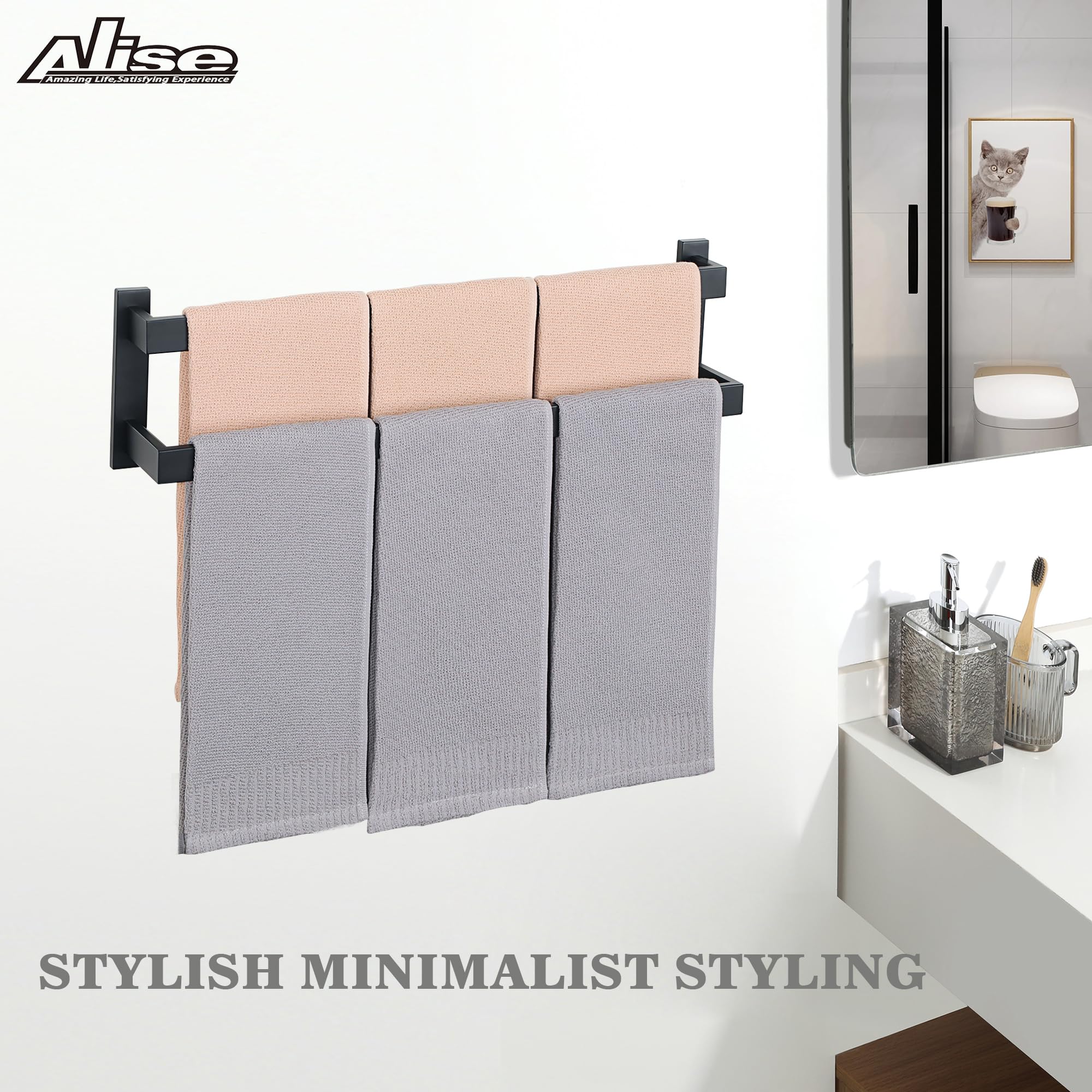 Alise Double Bath Towel Bars Towel Racks for Bathroom Lavatory Wall Mount,Towel Hanger SUS304 Stainless Steel Towel Holder Towel Rail 23.2 Inch,Matte Black,GOY002-B