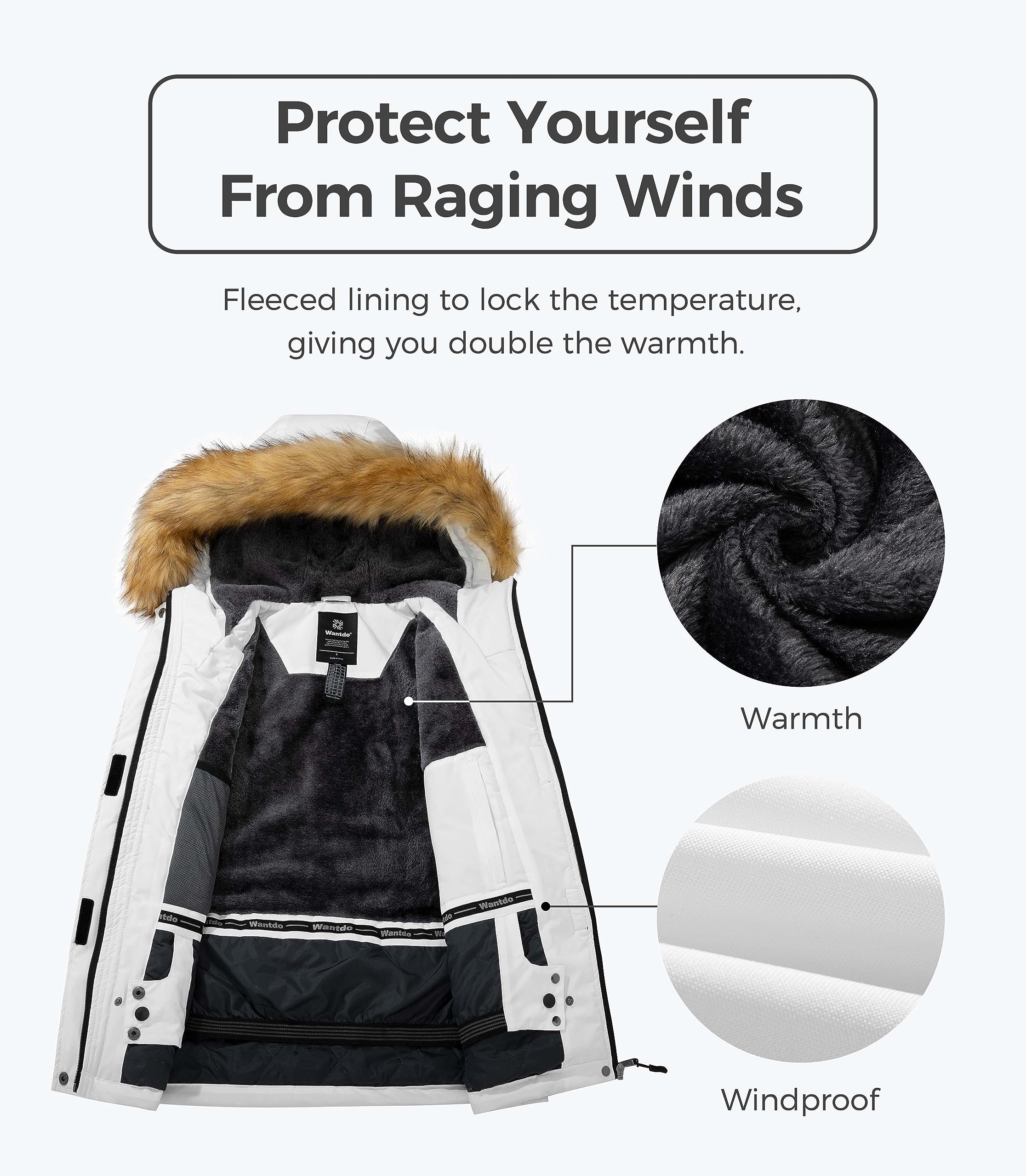 wantdo Women's Waterproof Snowboarding Jacket Hooded Fleece Winter Coats Outwear White M
