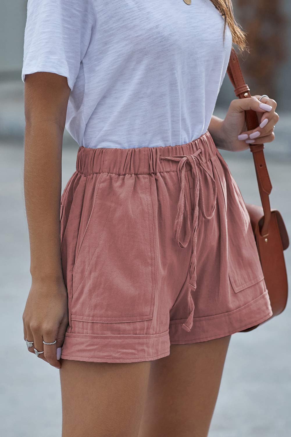 CILKOO Womens Casual Solid Drawstring Solid Elastic Waist Comfy Cotton Linen Shorts Beach Linen Shorts Pants Pockets Pink US8-10 Medium