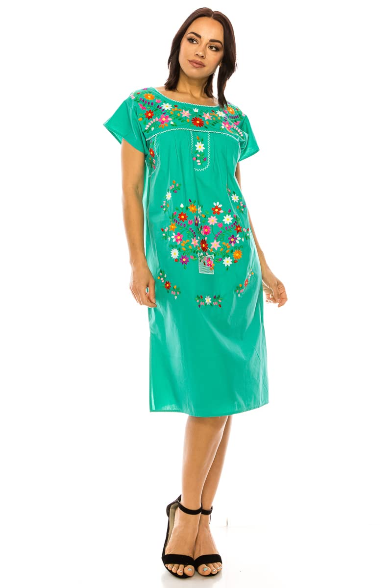 unik Embroidered Traditional Mexican Midi Dress (Mint, 2XL)