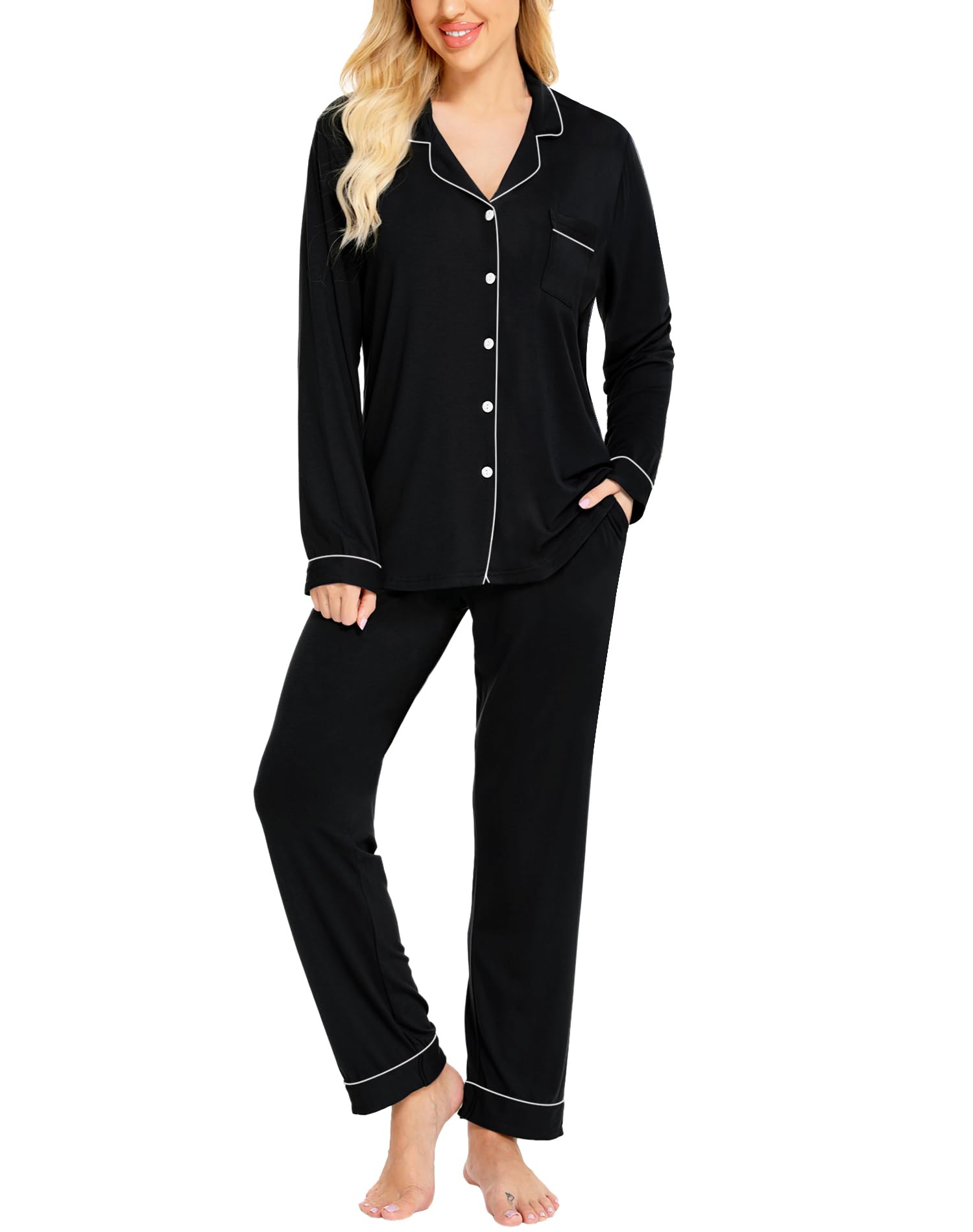 SWOMOG Womens Pajamas Set Long Sleeve Sleepwear Button Down Nightwear Soft Cotton Pj Lounge Sets with Pockets Black