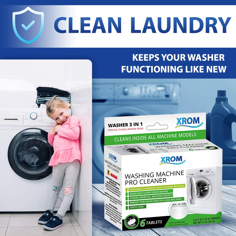 XROM Plant Based, Washer Cleaner 3 in 1 Formula, Removes Odors, Limescale & Detergent Build-Up, Removes Hard Water Stains, For Front and Top Load, 6 Per Pack (Original)