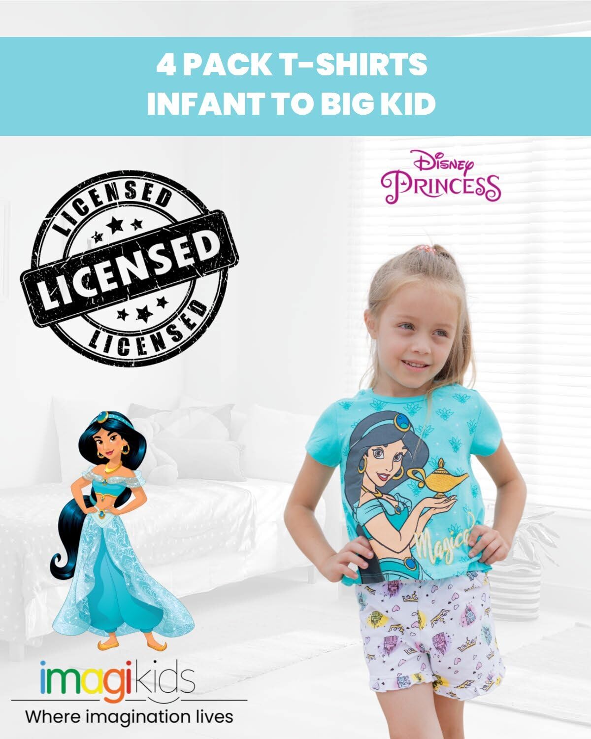 Princess Jasmine Belle Cinderella Little Girls 4 Pack T-Shirts Ariel 7-8
