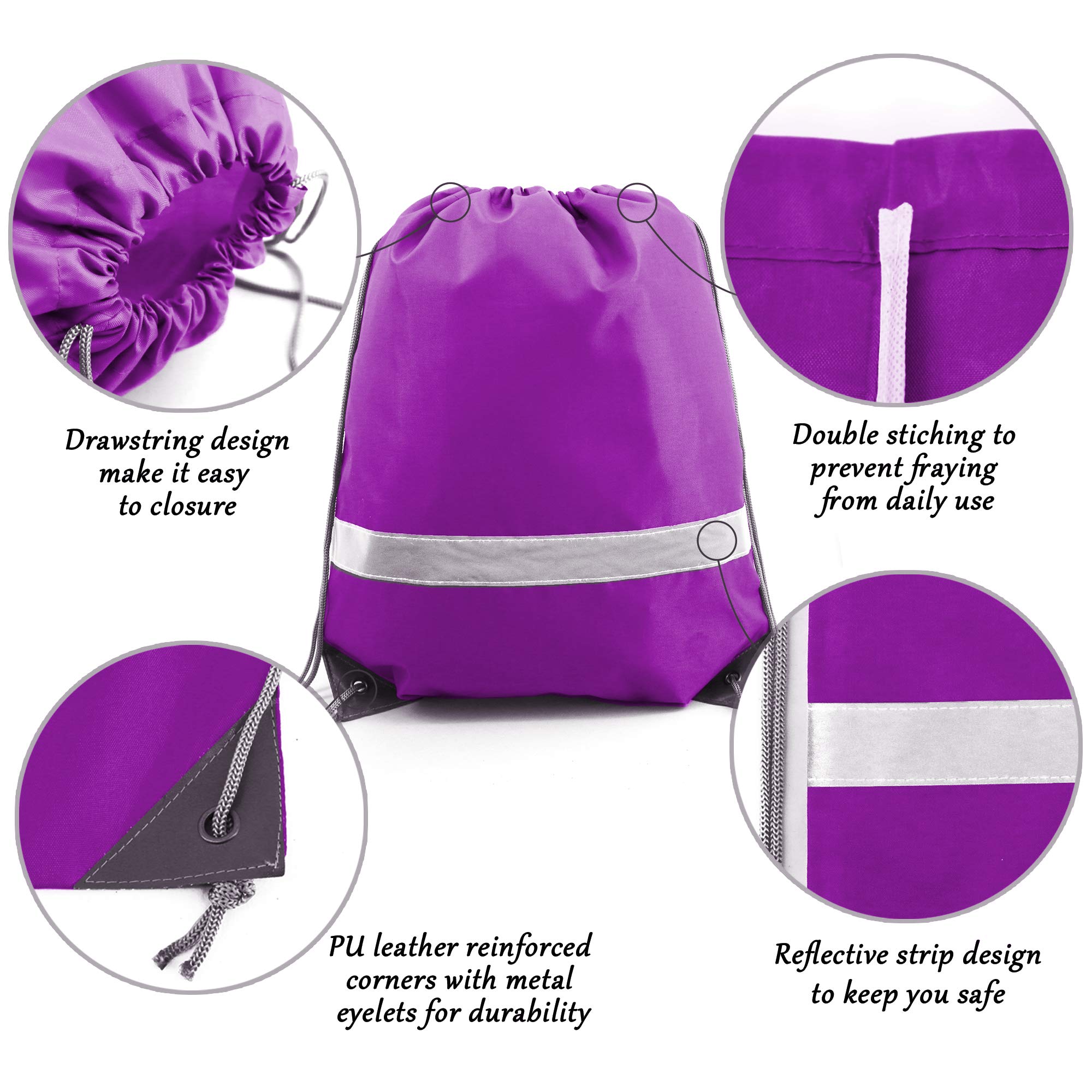 BeeGreen 20 Pieces Purple Drawstring Backpacks Bulk, Draw String Bags for Gym Sport, Reflective Cinch Blank Bag