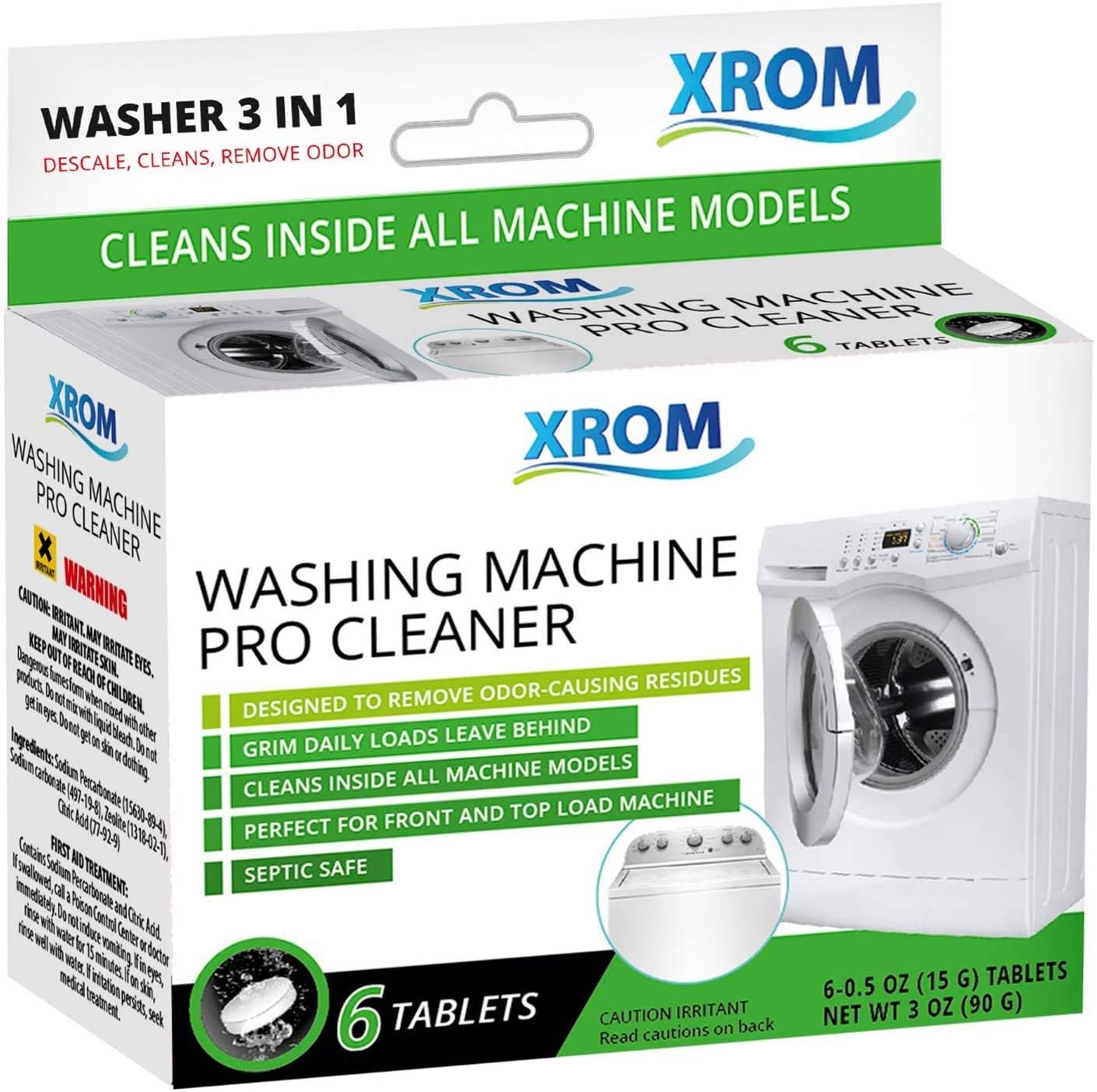 XROM Plant Based, Washer Cleaner 3 in 1 Formula, Removes Odors, Limescale & Detergent Build-Up, Removes Hard Water Stains, For Front and Top Load, 6 Per Pack (Original)