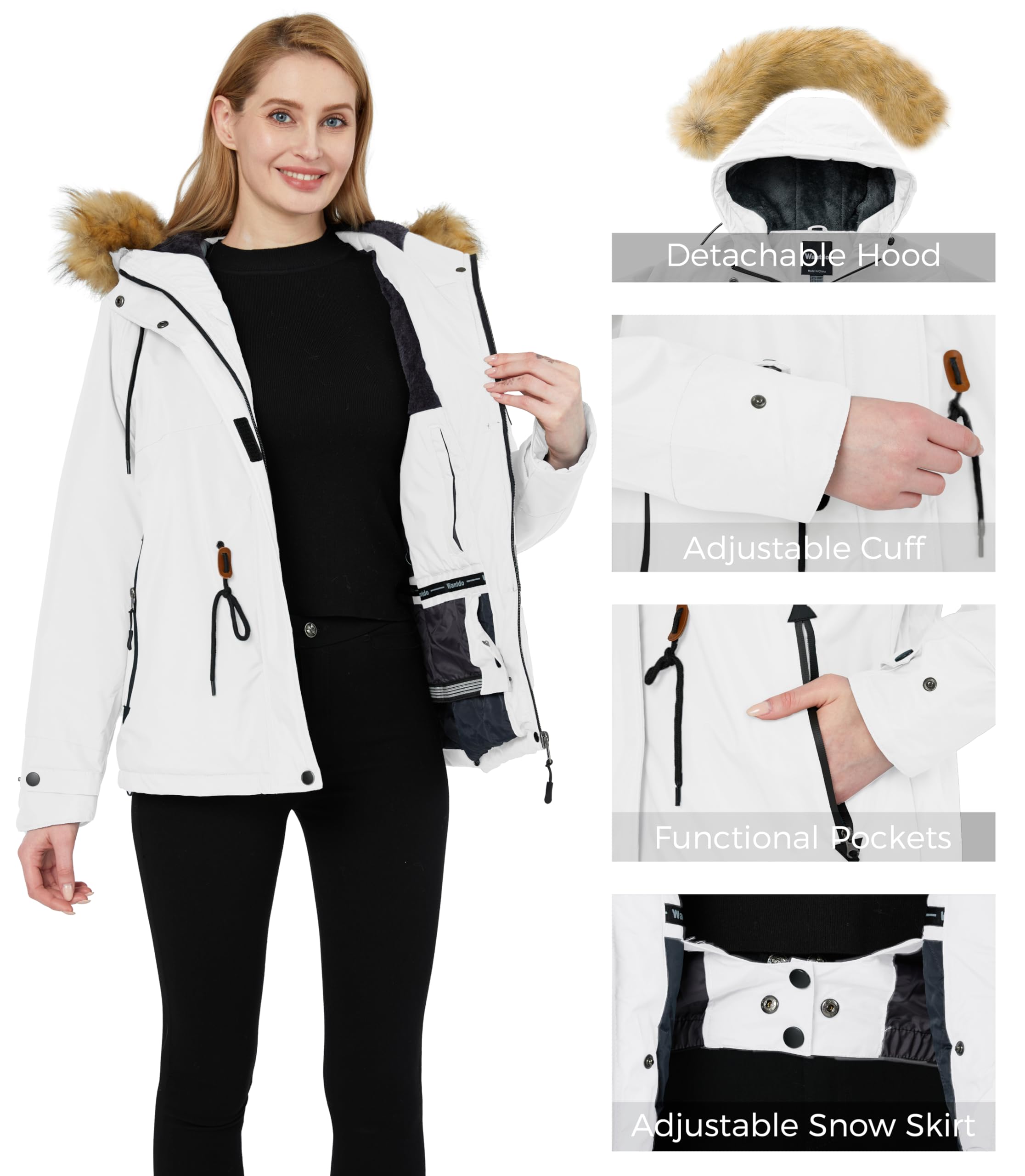 wantdo Women's Waterproof Snowboarding Jacket Hooded Fleece Winter Coats Outwear White M