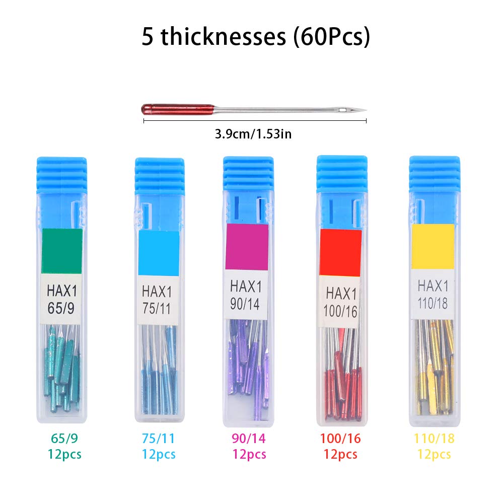 60 Pieces Sewing Machine Needles Universal Regular Point Machine Needles for Singer, Brother, Janome, Varmax with Size in HAX1 65/9, 75/11, 90/14, 100/16, 110/18 (5 Colors)