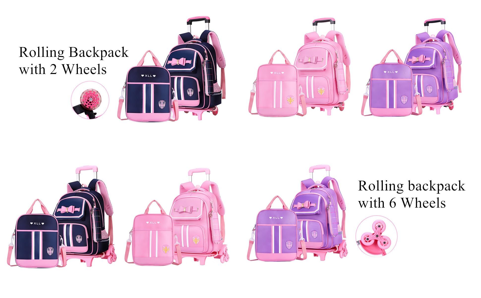 VIDOSCLA Bowknot Kids Girls Rolling Backpack Cute Carry-on Luggage with Wheels Trolly BookBag for School-6 Wheels