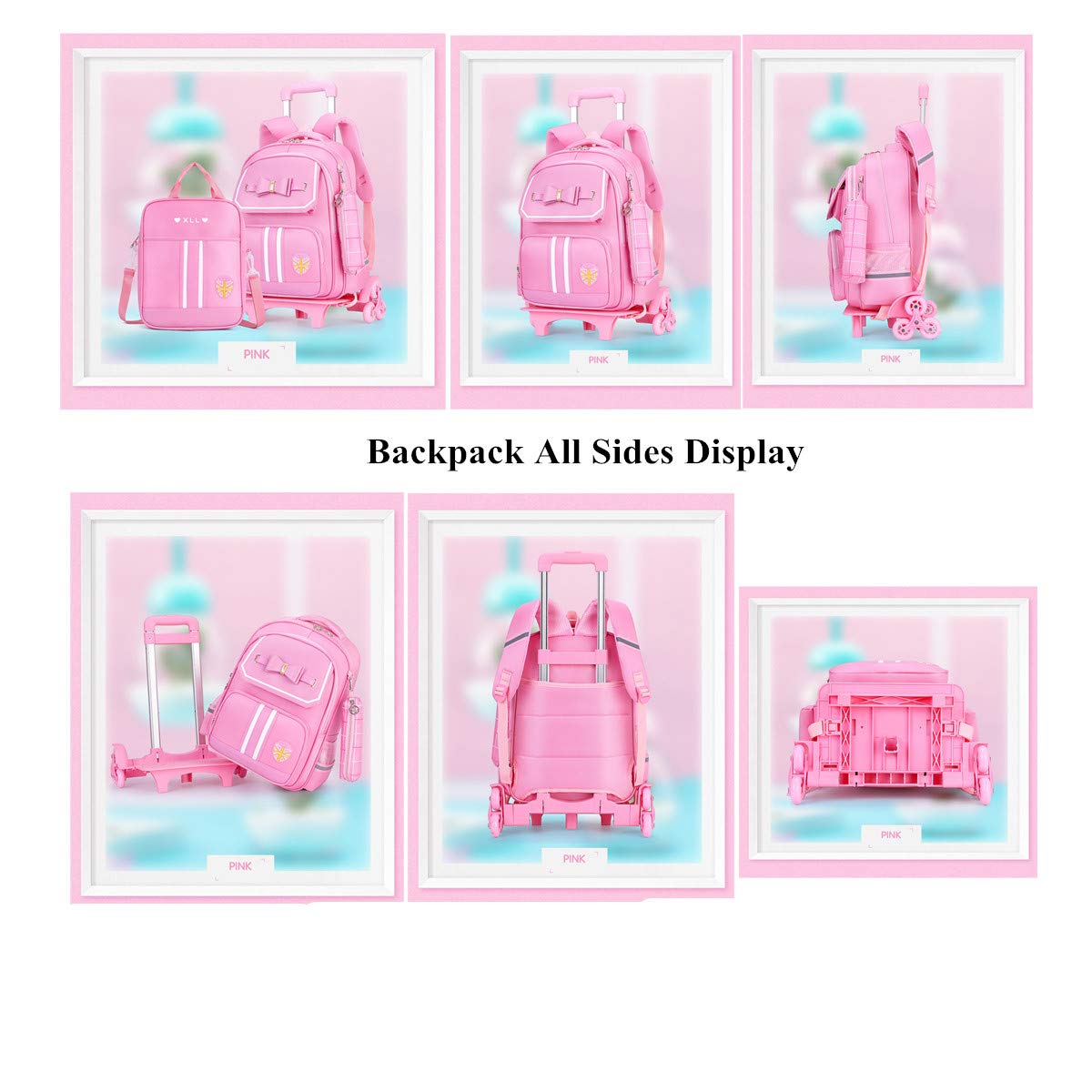 VIDOSCLA Bowknot Kids Girls Rolling Backpack Cute Carry-on Luggage with Wheels Trolly BookBag for School-6 Wheels
