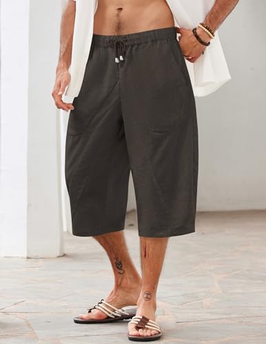 COOFANDY Capri Pants for Men Casual Cotton Linen Pants Elastic Baggy Capri Trousers Harem Capris, Dark Gray, XL