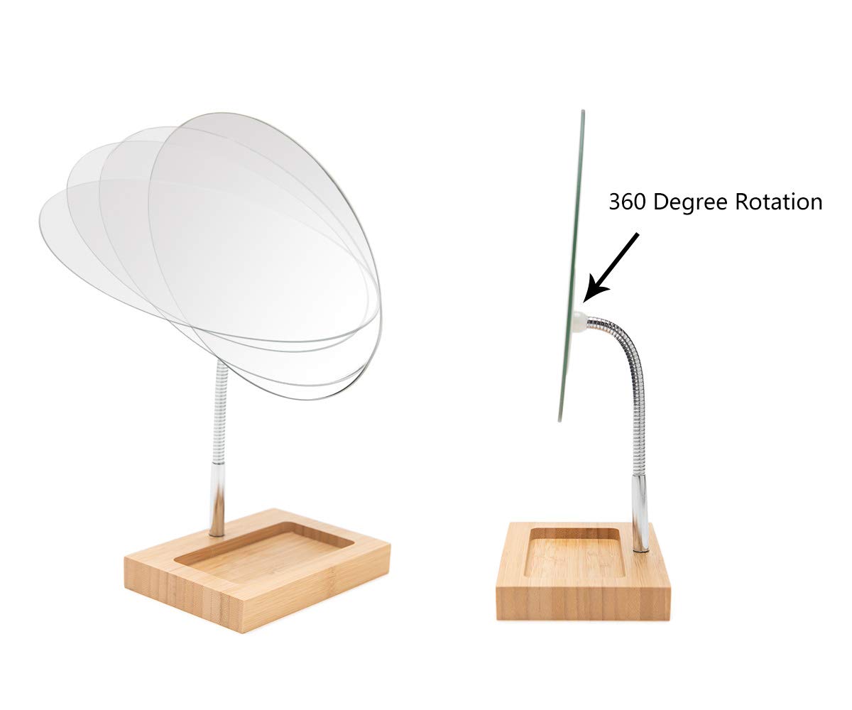 YEAKE Flexible Gooseneck Bamboo Vanity Makeup Mirror,360°Rotation 8" Large Frameless Vanity Mirror Folding Portable Table Desk Mirror with Stand Bathroom Shaving Make Up Mirrors Round