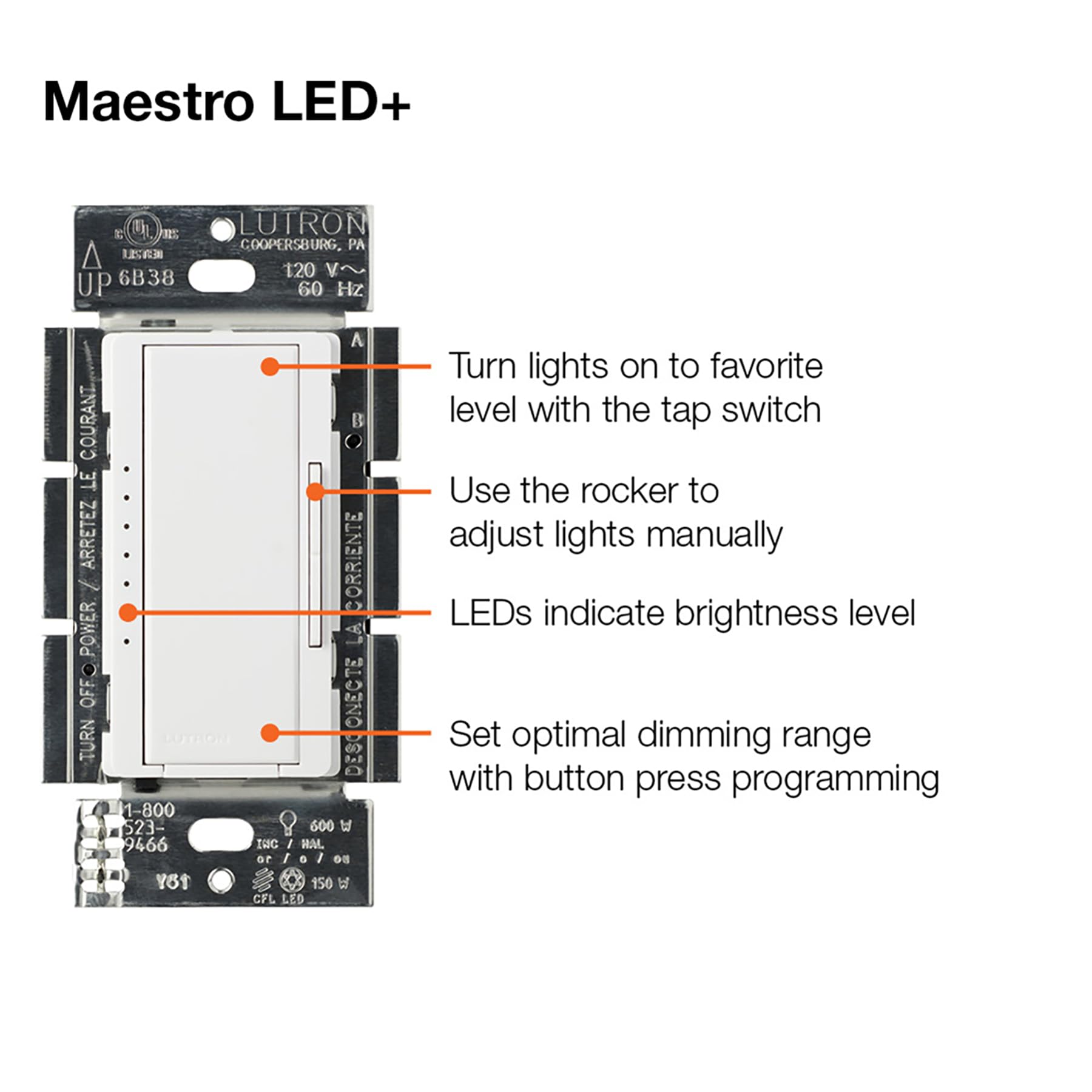 Lutron Maestro LED+ Dimmer Switch for Dimmable LED, Halogen and Incandescent Bulbs, 150W/Single-Pole or Multi-Location, MACL-153M-WH, White (8-Pack)