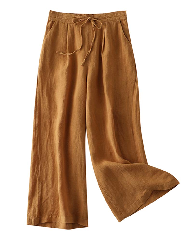 LaovanIn Women's Wide Leg Palazzo Pants Linen Drawstring Cropped Pants Trousers Culottes Coffee Medium