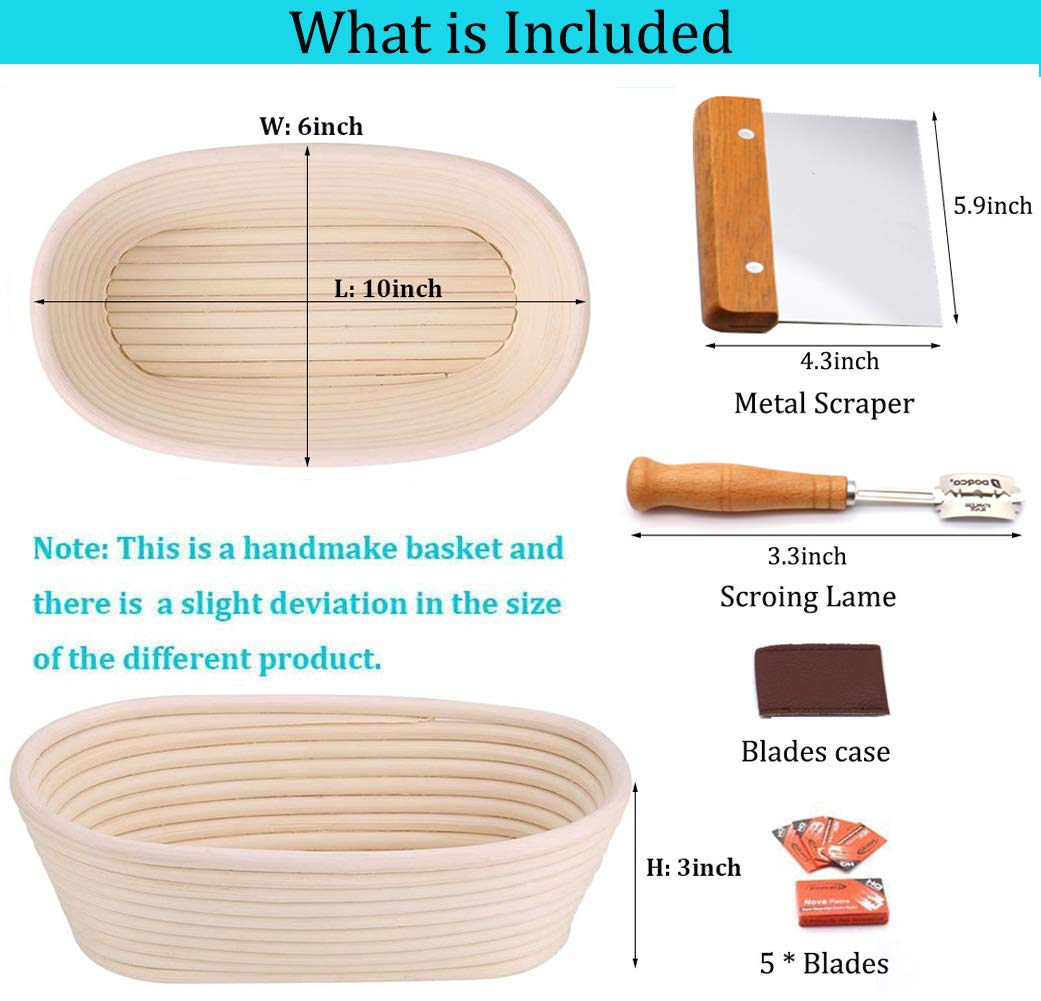 10" Oval Bread Banneton Proofing Basket for Sourdough, Includes Linen Liner, Metal Dough Scraper, Scoring Lame & Case, Extra Blades, Rising Dough Baking Bowl Gifts for Artisan Bread Making Starter