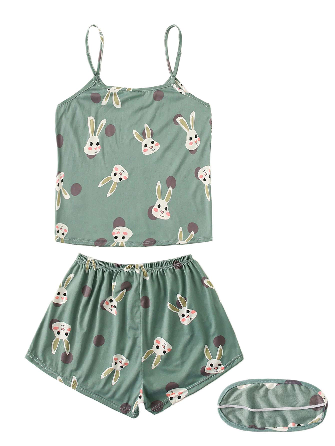 SheIn Women's Cute Cartoon Print Cami Top and Shorts Pajama Set with Eye Mask Green Rabbit Medium