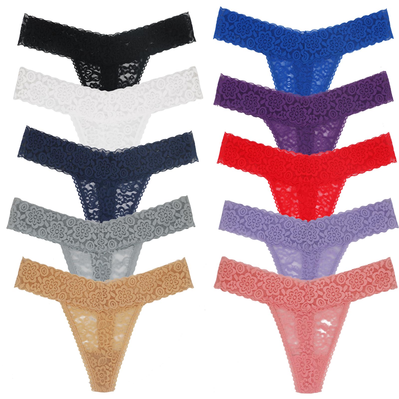 Yuamose Pack Of 10 Sexy Lace Women Thong Underwear Hollowed-Out T-Back Low Waist Sexy Cheeky Lingerie See-Through Panties Trim Plus Size