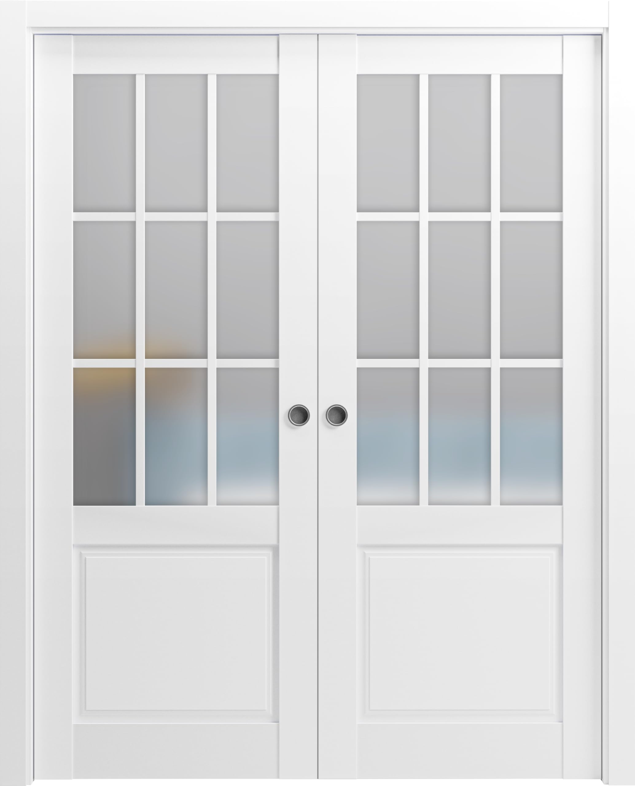 SARTODOORS Sliding French Double Pocket Doors 72 x 96 inches Frosted Glass 9 Lites| Felicia 3309 Matte White | Kit Trims Rail Hardware | Solid Wood Interior Bedroom Sturdy Doors