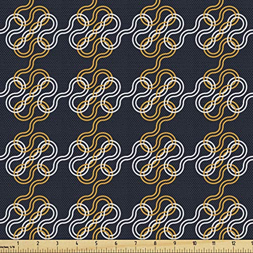 Ambesonne Abstract Fabric by The Yard, Pattern with Interlacing Lines Knots Modern Twisted Tangled Design, Decorative Fabric for Upholstery and Home Accents, 1 Yard, Dark Blue Marigold White