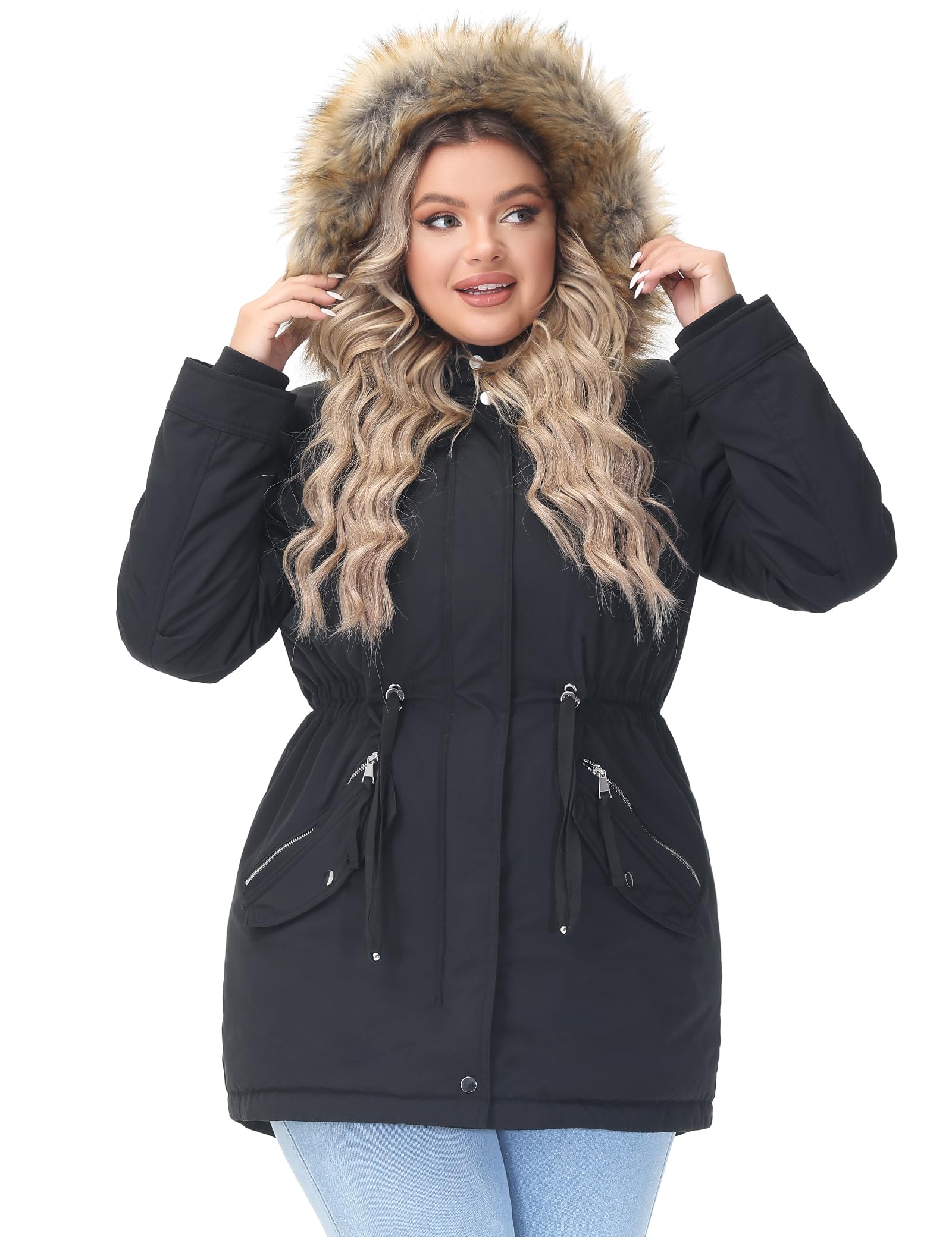 ROYAL MATRIX Women's Winter Coats Fleece Lined Parka Jacket Hooded Long Winter Warm Parka Coat with Pockets Black,8