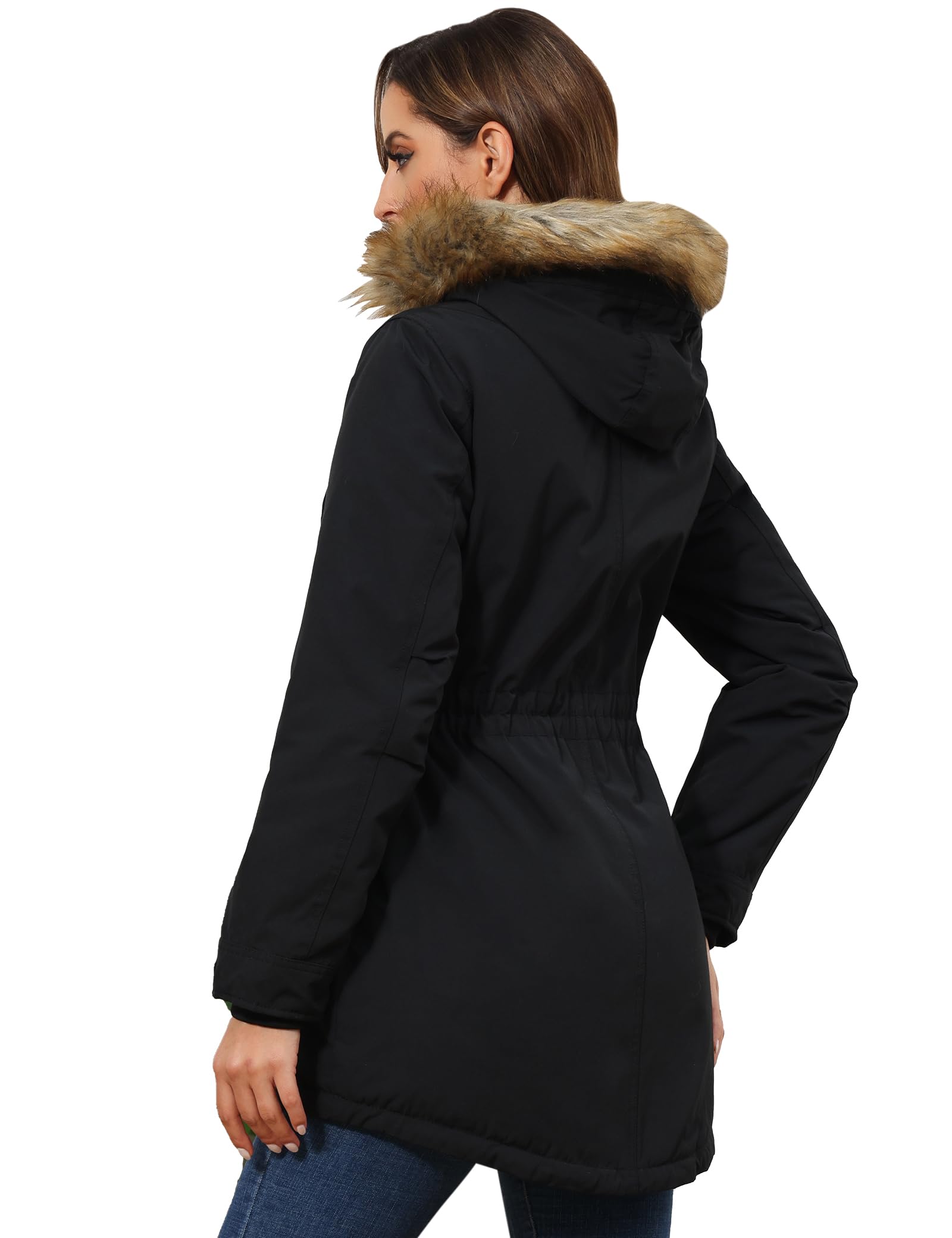 ROYAL MATRIX Women's Winter Coats Fleece Lined Parka Jacket Hooded Long Winter Warm Parka Coat with Pockets Black,8