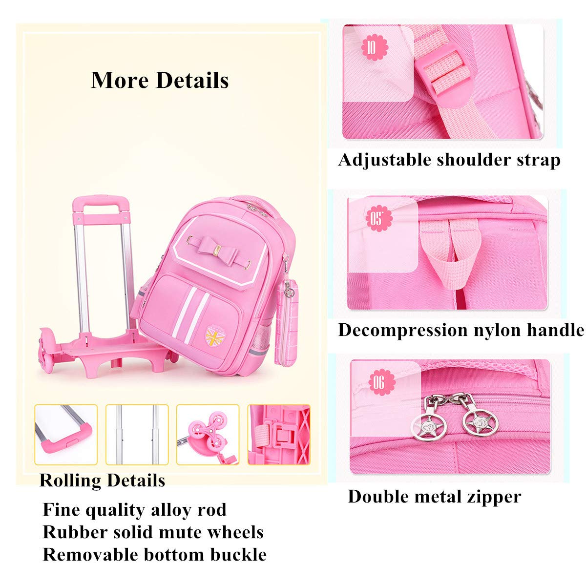 VIDOSCLA Bowknot Kids Girls Rolling Backpack Cute Carry-on Luggage with Wheels Trolly BookBag for School-6 Wheels