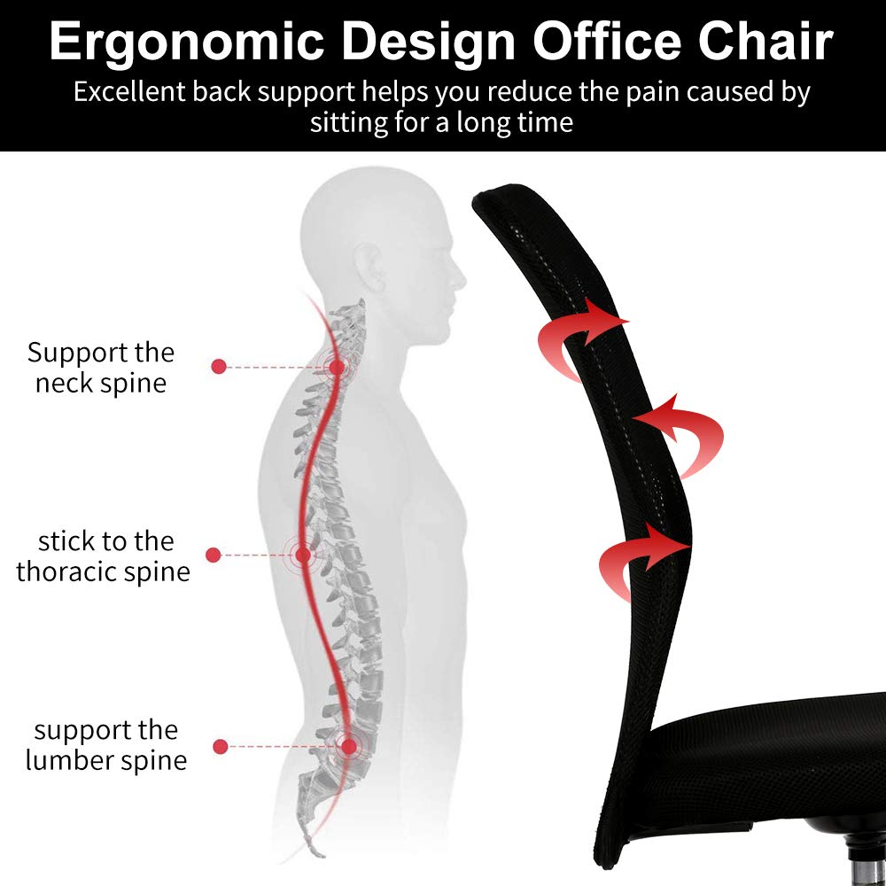 Home Office Ergonomic Mesh Chair - Armless, Adjustable Mid Back, Small Modern Swivel Rolling Desk for Women - Black With Wheels for Home, Office
